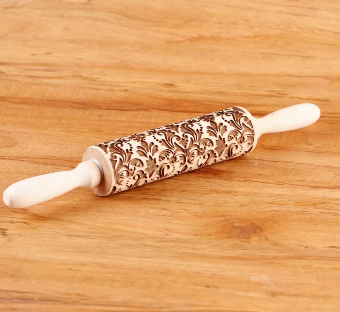 Floral Pattern Embossed Rolling Pin - Wooden Ceramic Stamp for Clay ...