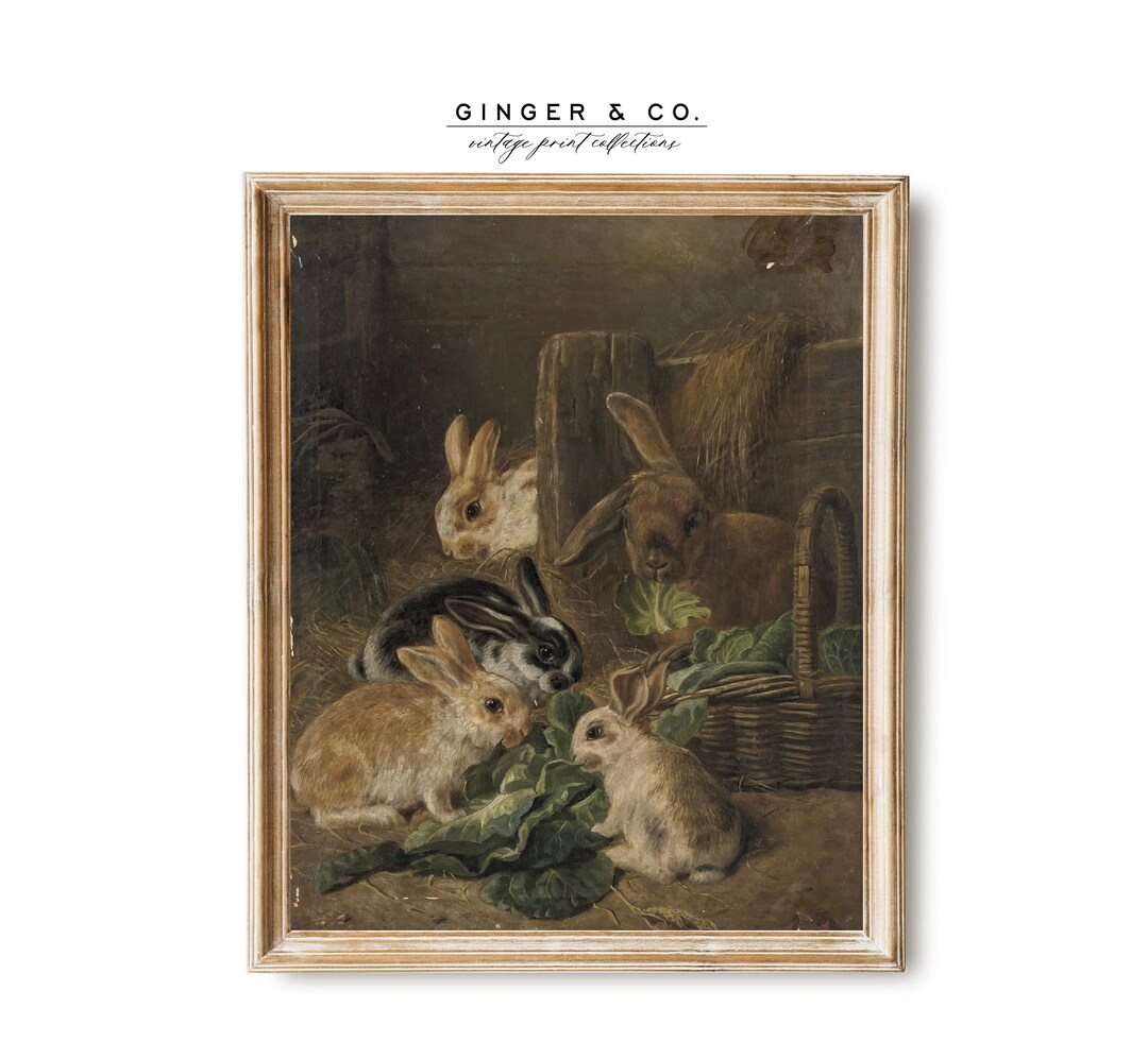 Moody Vintage Rabbit Oil Painting Rabbits Eating Cabbage, Easter Bunny ...