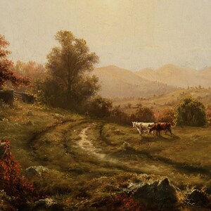 Cattle in an Autumn Landscape -- Warm Tones Fall Landscape Vintage Oil ...