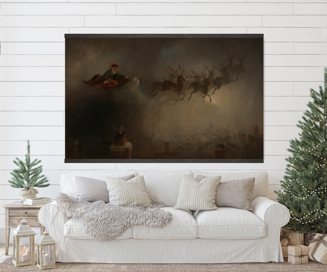 Vintage Santa Claus and Reindeer Oil Painting Christmas Tapestry Wall ...