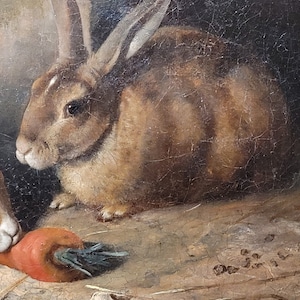 Vintage Rabbit Oil Painting - Rabbits Eating Carrots, Easter Rabbit ...