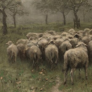 Vintage Sheep Painting - PRINTABLE FINE ART - Moody Spring Landscape ...