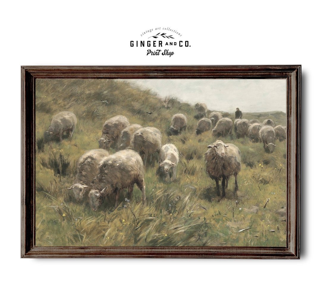 Vintage Sheep Oil Painting - Flock of Sheep Print, Fine Art Print ...