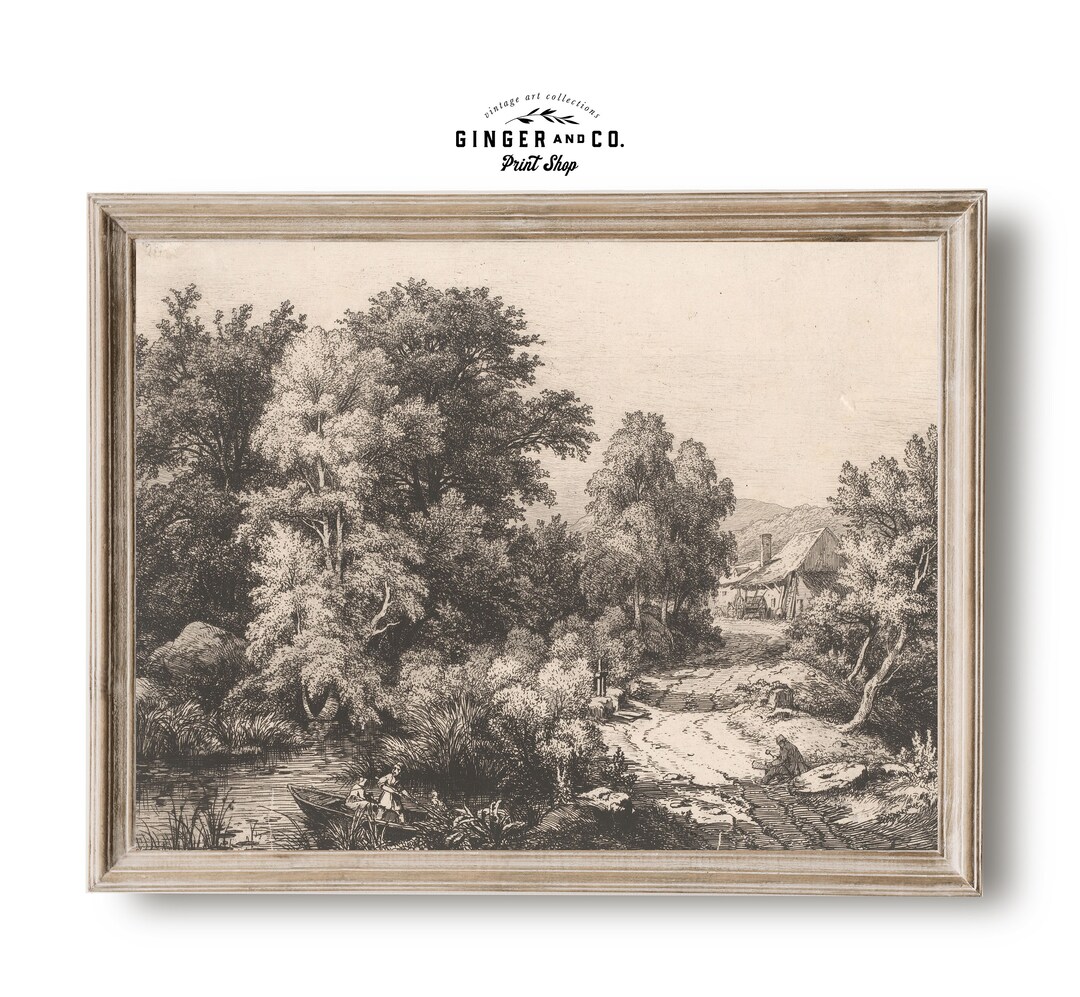 Vintage Landscape Drawing - River Landscape With a Cottage - Fine Art ...