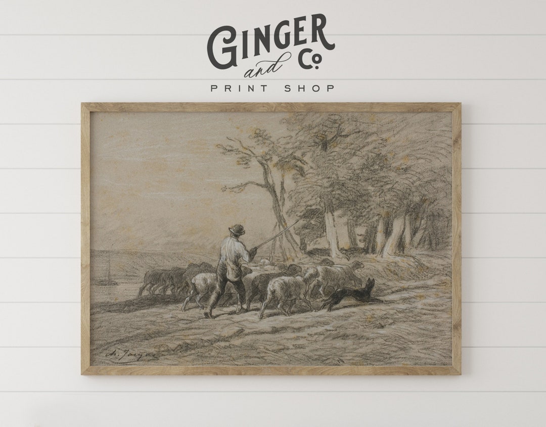 Shepherd and His Flock -- DIGITAL DOWNLOAD Vintage Fine Art Drawing ...