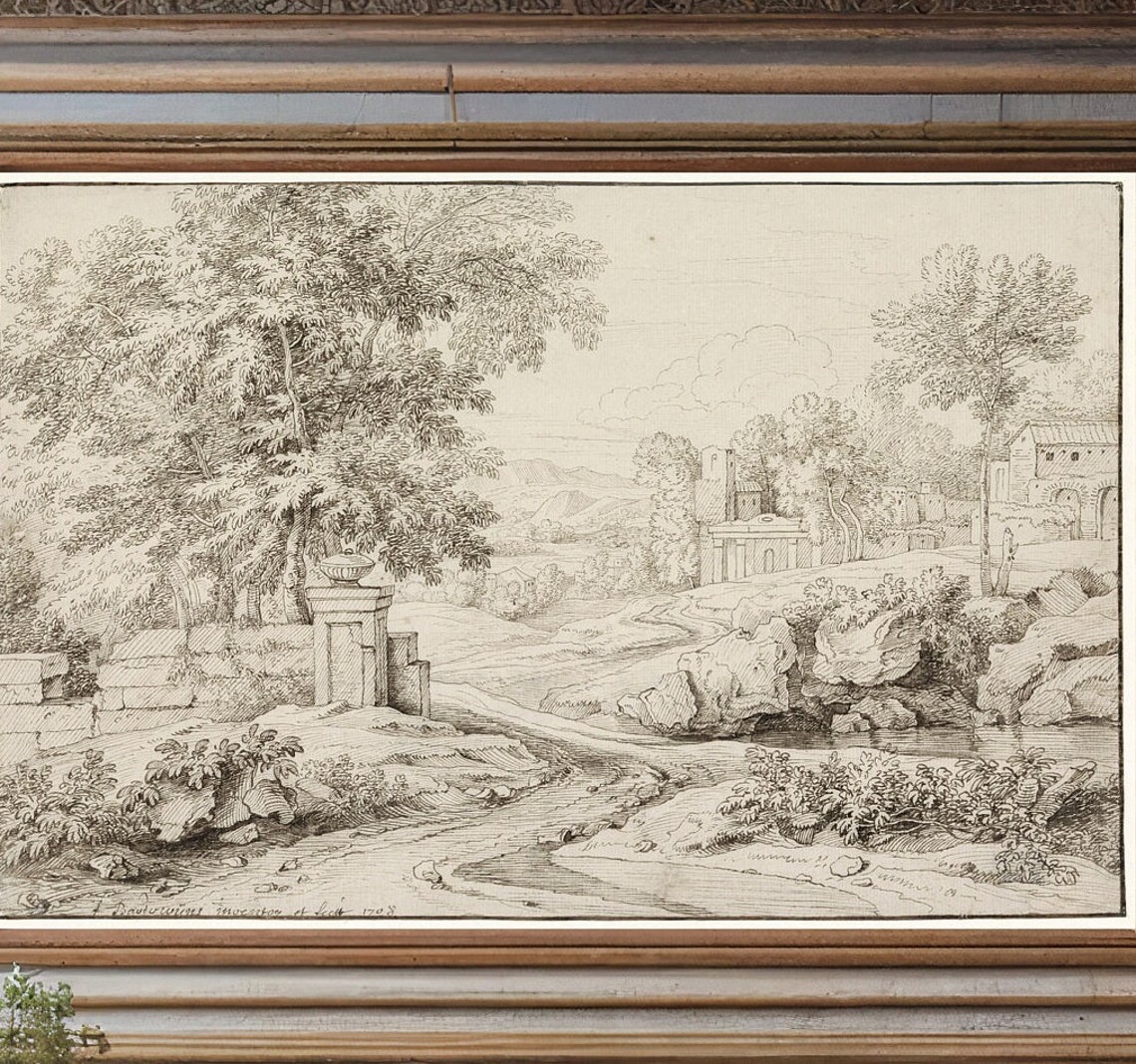 Landscape Drawing Print - Italian Landscape Sketch - Vintage Landscape ...