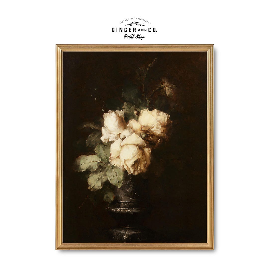 Vintage White Roses Oil Painting - SHIPPED PRINT - Moody Roses Still ...