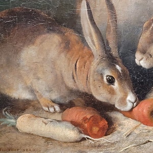 Vintage Rabbit Oil Painting - Rabbits Eating Carrots, Easter Rabbit ...