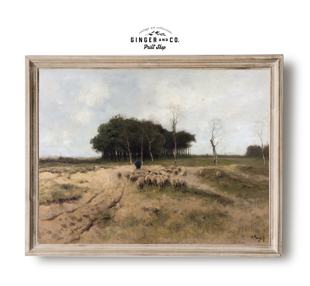 Leading the Flock -- Vintage Landscape Oil Painting, French Country ...