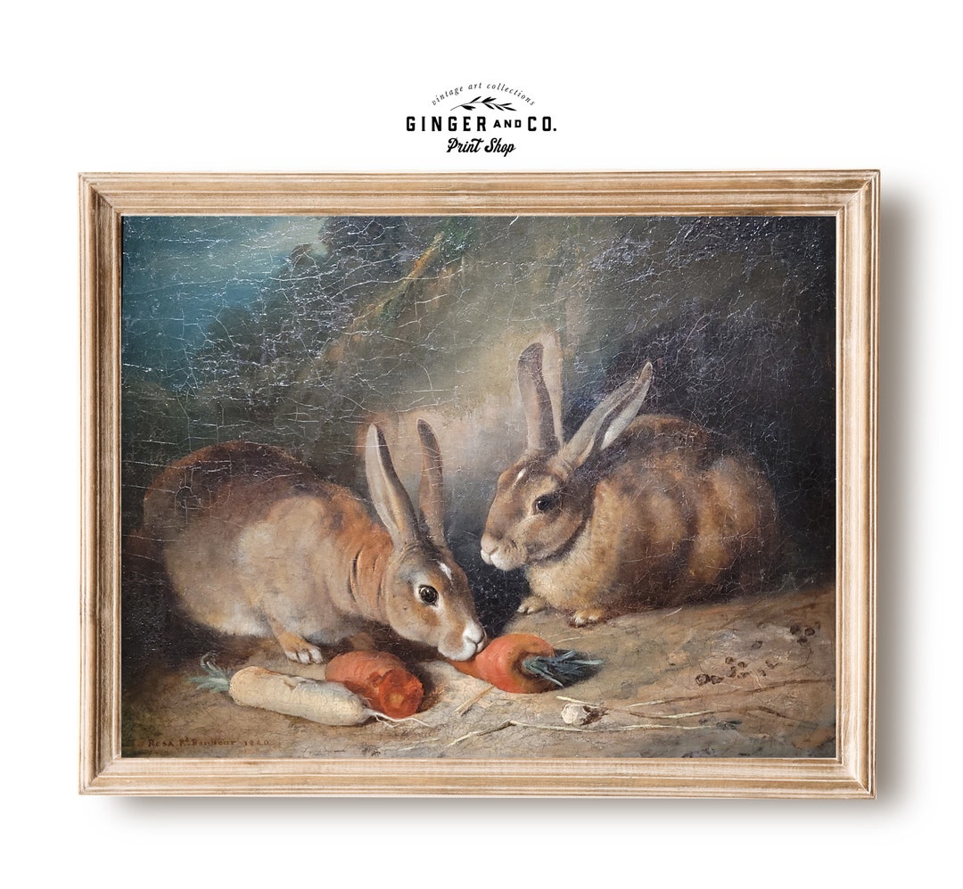 Vintage Rabbit Oil Painting - Rabbits Eating Carrots, Easter Rabbit ...