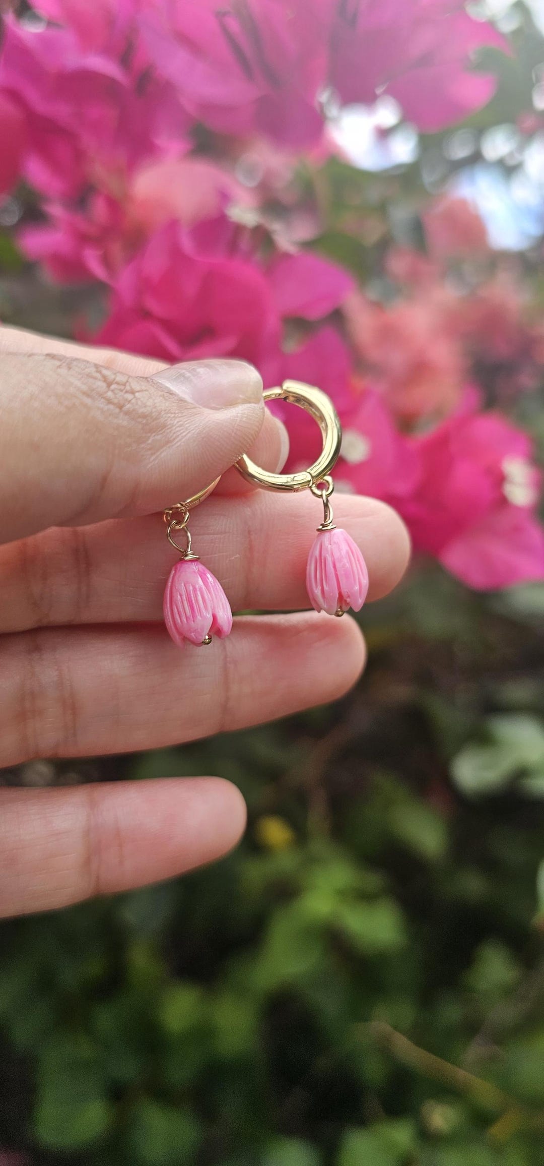 Pikake Pink Flower Earrings. 14K Gold Filled Huggee Hoop Earrings ...