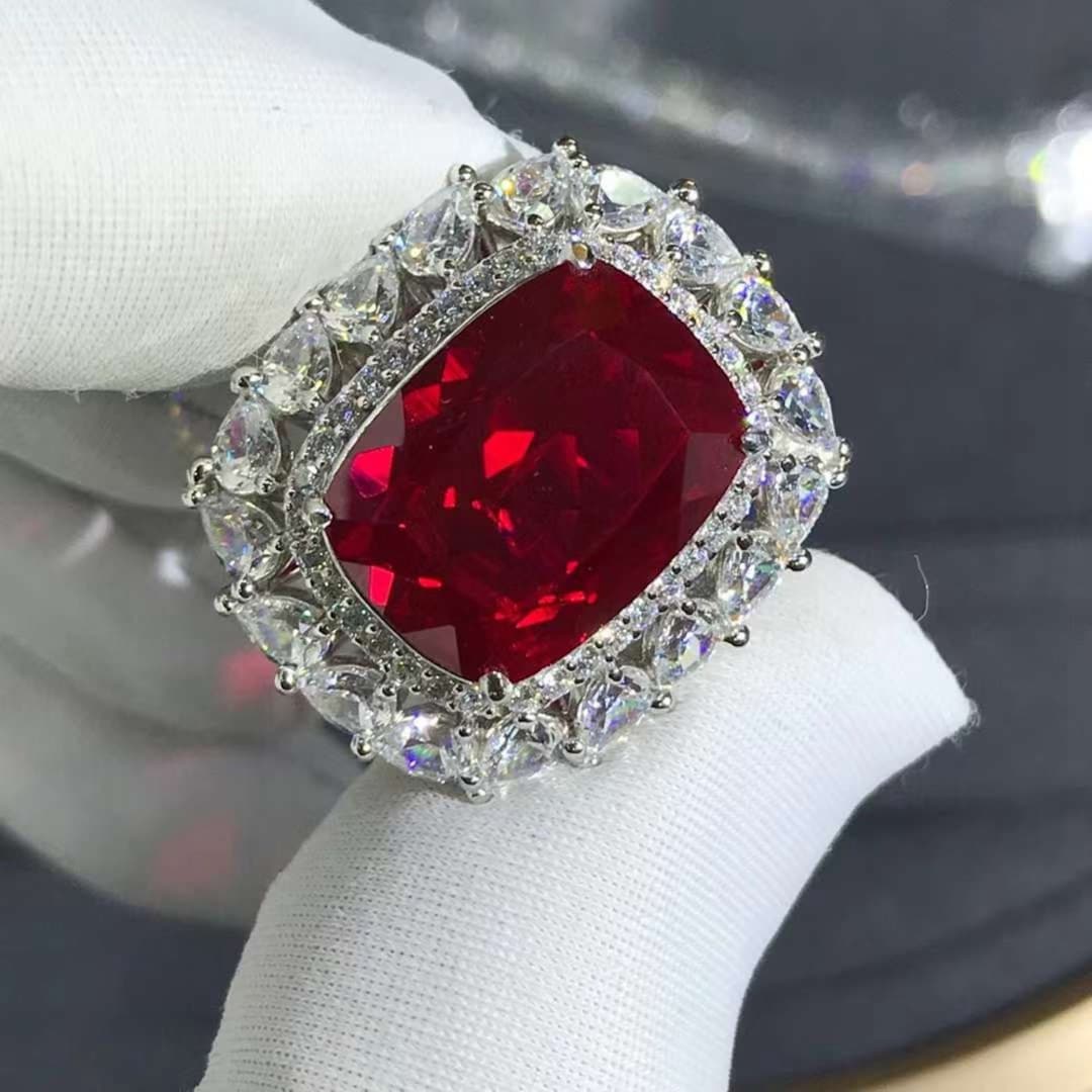 HUGE 15 Carat VVS Cushion Cut Red Lab Grown Ruby Double Halo Ring - Etsy