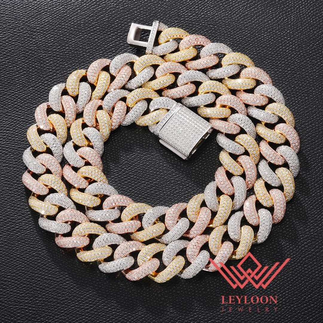 Three Tone 20mm Cuban Link Chain Necklace Four Row Stones Foldable Box ...