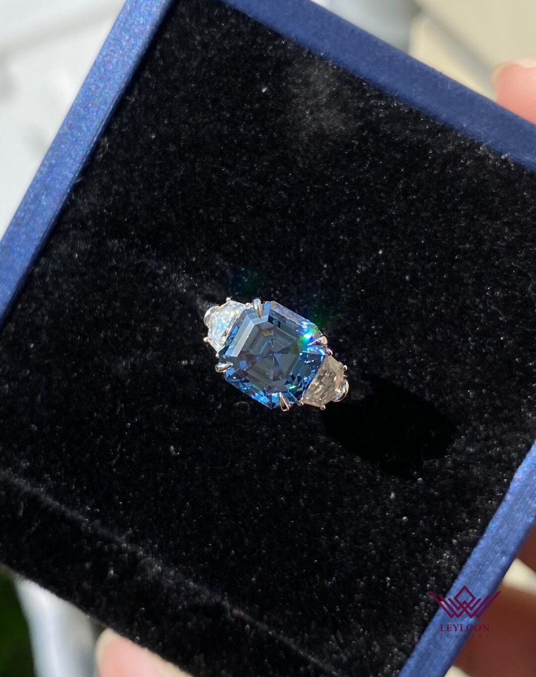 Asscher Cut Blue Color Three Stone Basket VVS Moissanite Ring - Etsy