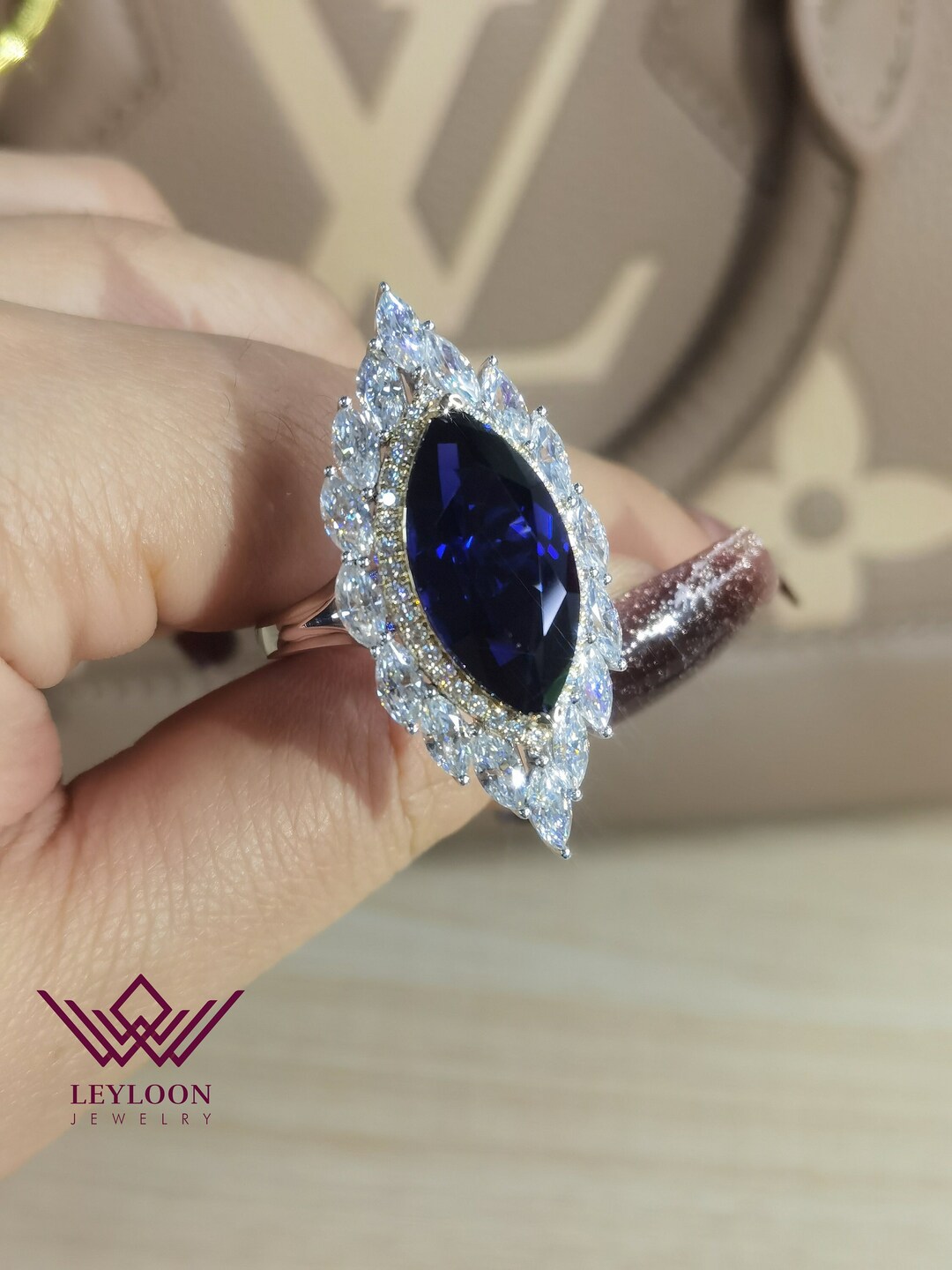 BIG 11 Carat Marquise Cut Dark Blue Color Double Halo 11*22mm 10K White ...