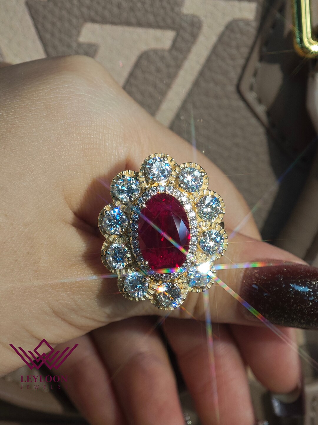 Lab Grown Ruby Ring – 14K Gold Flower Double Halo, Tulip Setting - Etsy