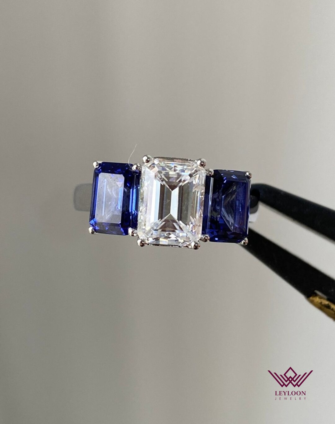 Emerald Cut D Color Radiant Cut Blue Color Three Stone Moissanite Ring ...