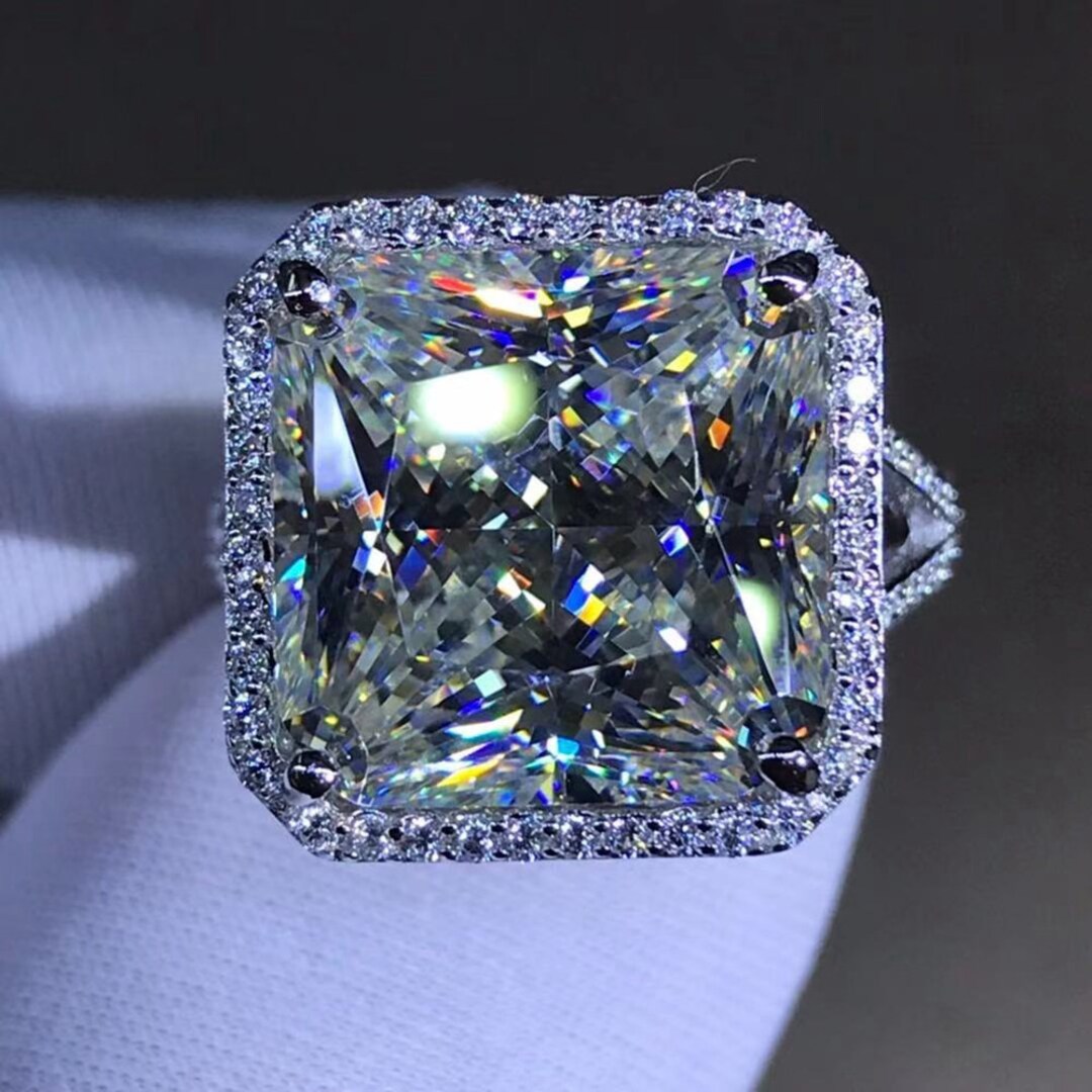 12 Carat Square Radiant Cut Moissanite Ring Rare K-M Faint Color VVS ...
