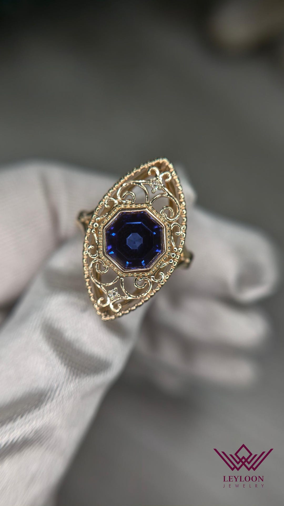 Vintage Filigree Octagon Cut Blue Color Bezel-set Split Shank VVS Lab ...