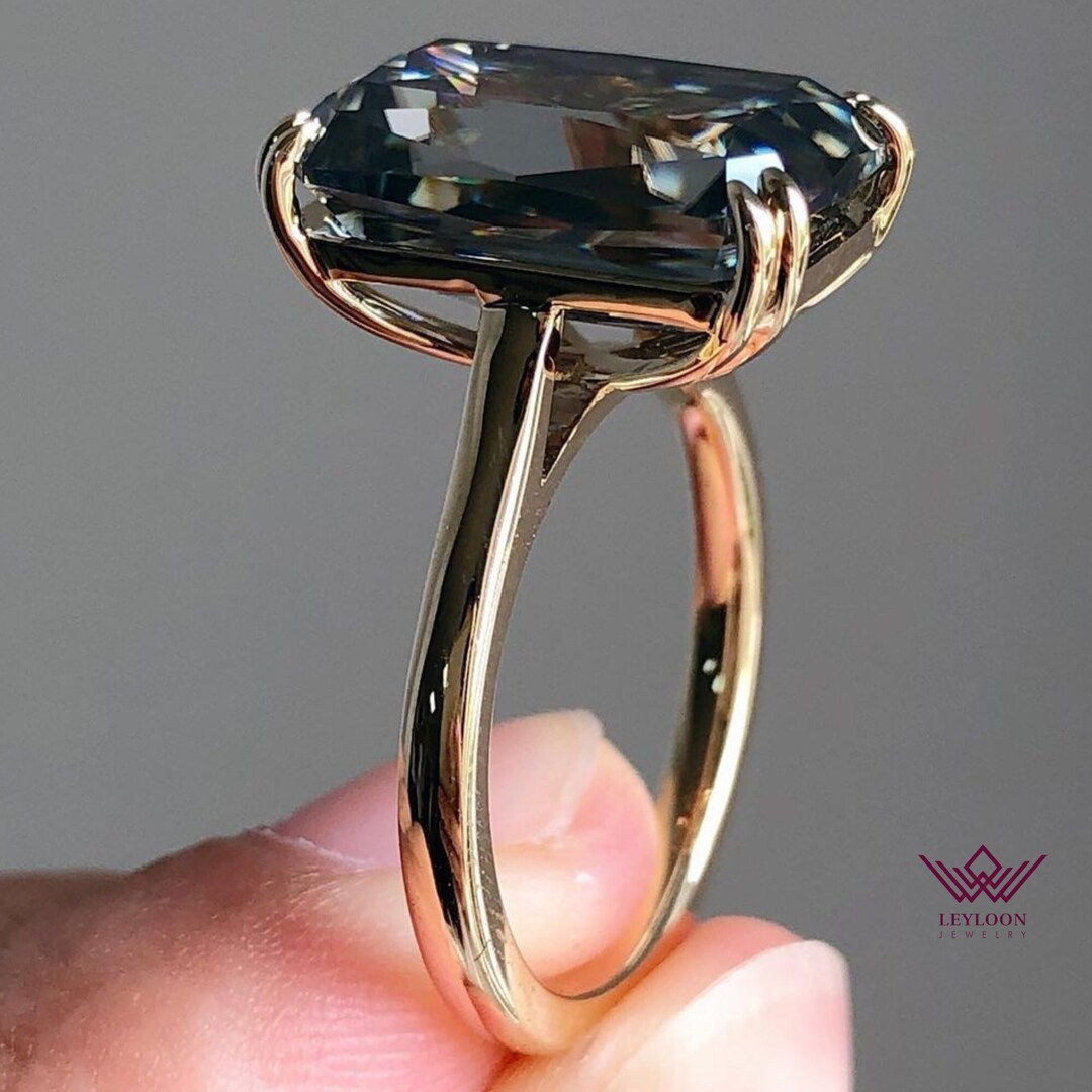 Elongated Radiant Cut Double Claw Basket Cathedral Moissanite Ring Gray ...