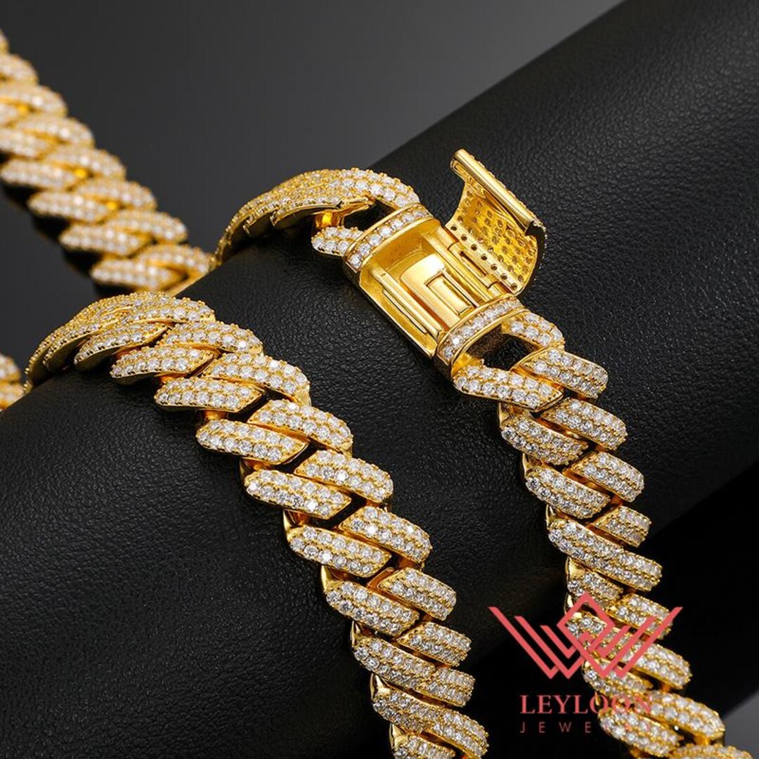 13mm Cuban Link Chain Necklace Two Row Stone Foldable Box Clasp 20 22 ...