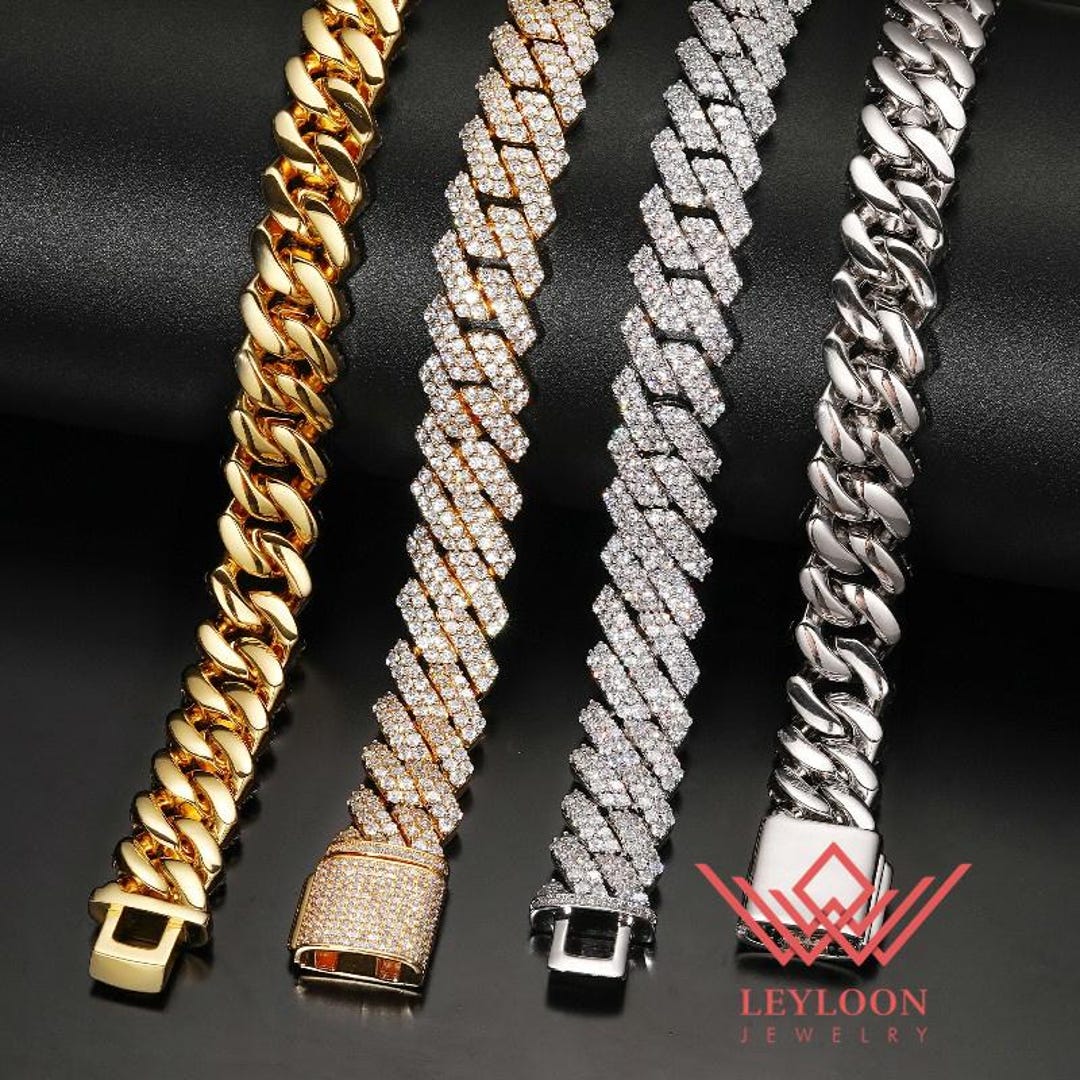 20mm Wide Cuban Link Chain Necklace Two Row Stone Foldable Box Clasp 20 ...