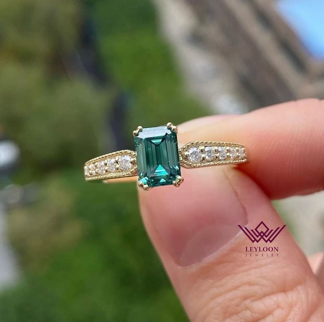 Emerald Cut Bead Set Miligrain Lab Grown Colombian Emerald Ring - Etsy