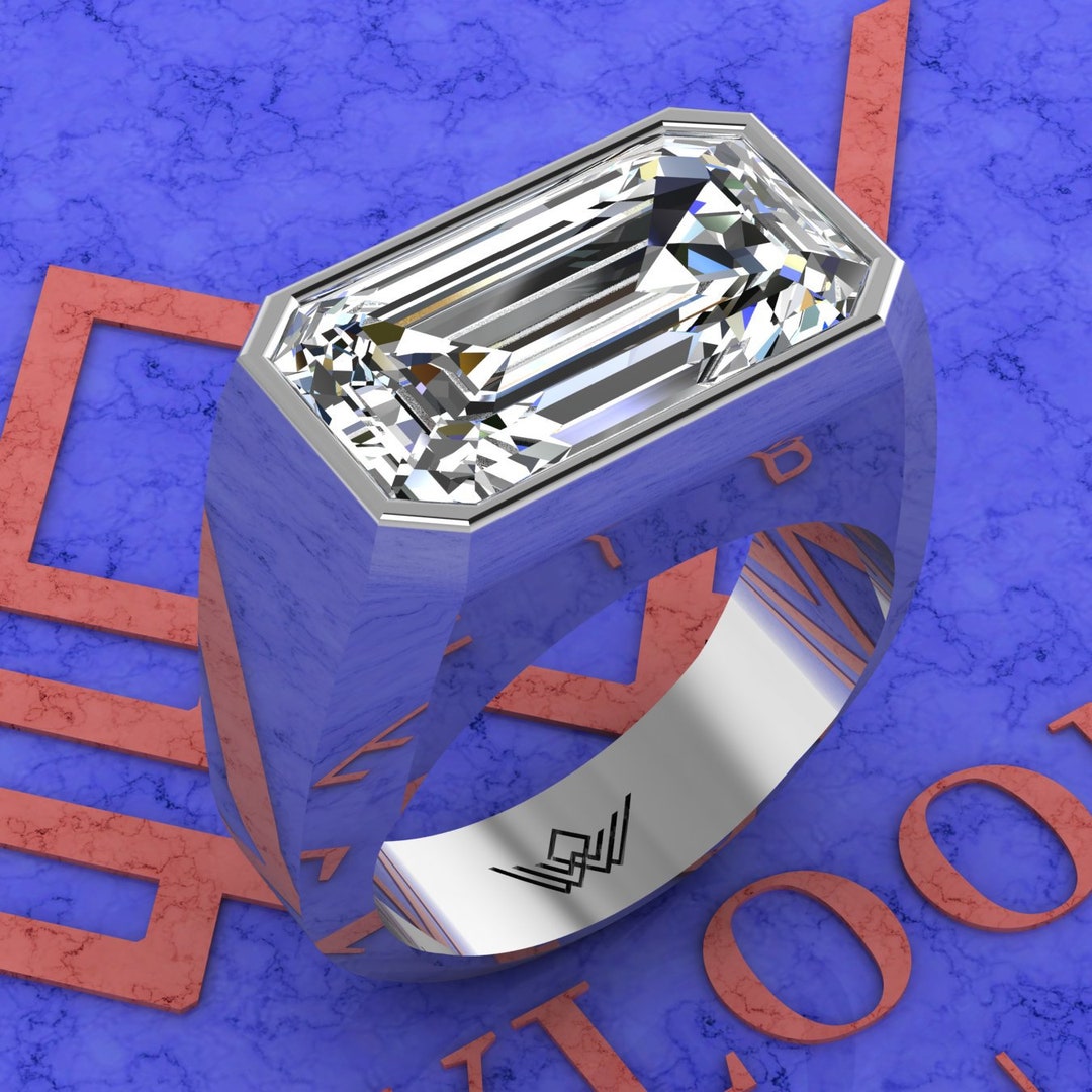 10 CT Elongated Emerald Cut Bazel Man's Moissanite Engagement Ring D ...