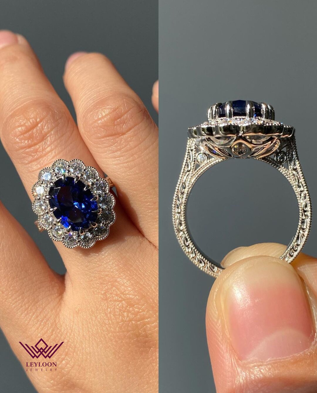 Oval Cut Blue Color Halo Filigree Milgrain VVS Lab Grown Sapphire Ring ...