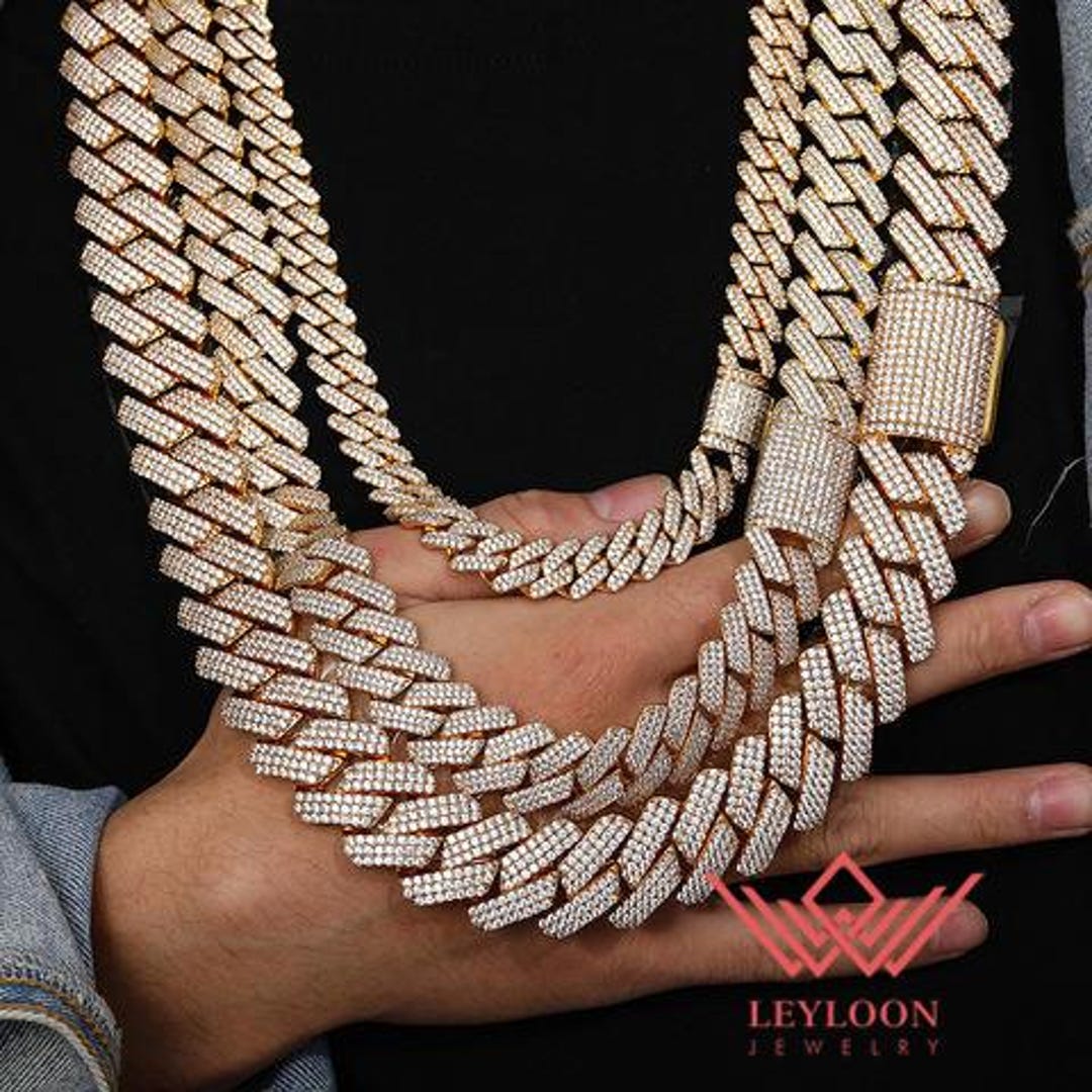 20mm Cuban Link Chain Necklace Foldable Box Clasp Three Row Stones 15 ...