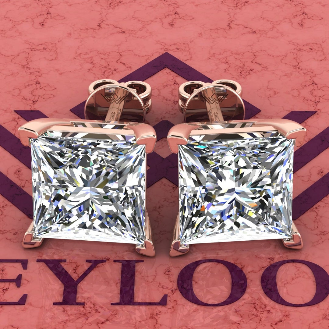 6 CT X2 Princess Cut Stud D Color Basket Moissanite Earrings - Etsy