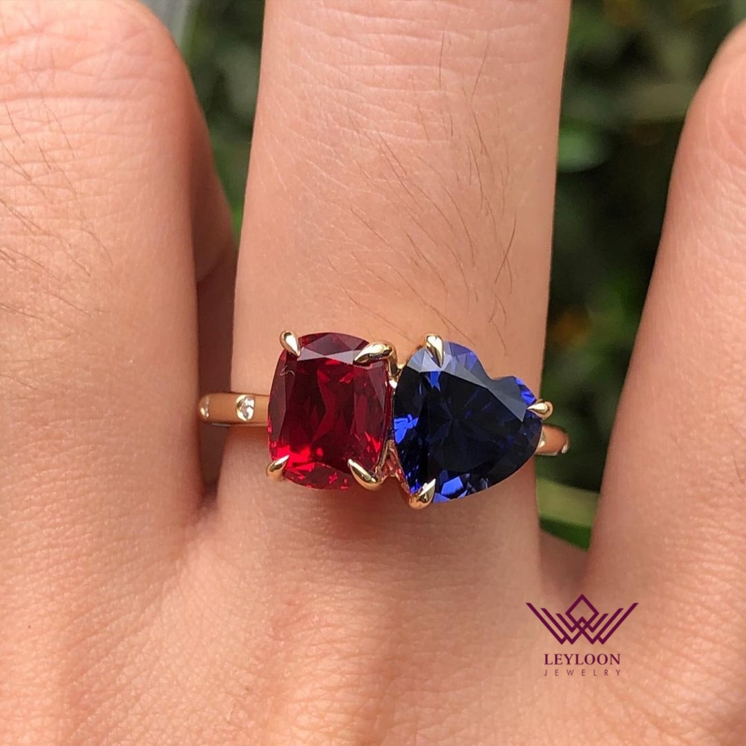 Two Stone Ring: Heart Sapphire, Cushion Ruby, Lab Grown - Etsy
