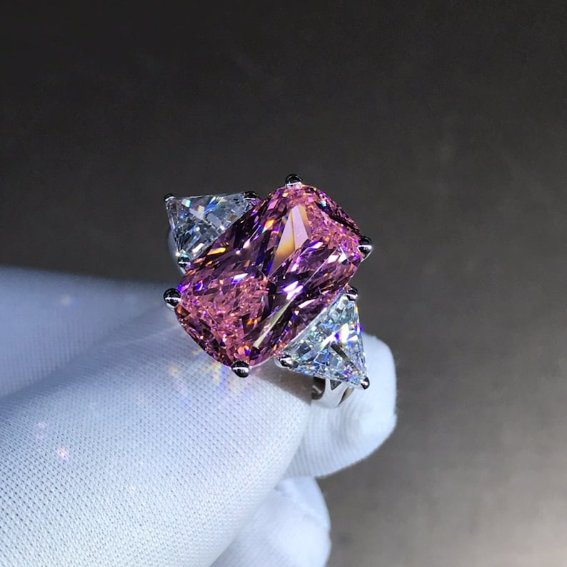 6 Carat Pink Elongated Cushion Cut Three Stone Reverse Tapered ...