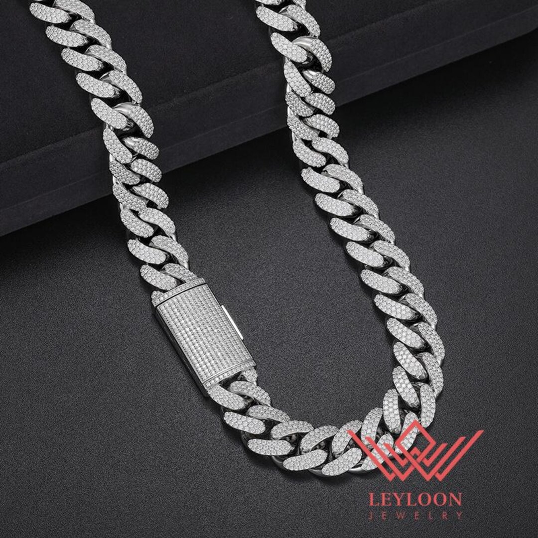 15mm Cuban Link Chain Necklace Three Row Stones Foldable Box Clasp 15 ...