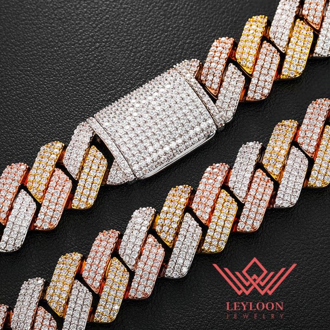 Three Tone Cuban Link Chain 20mm Necklace Three Row Stones Foldable Box ...