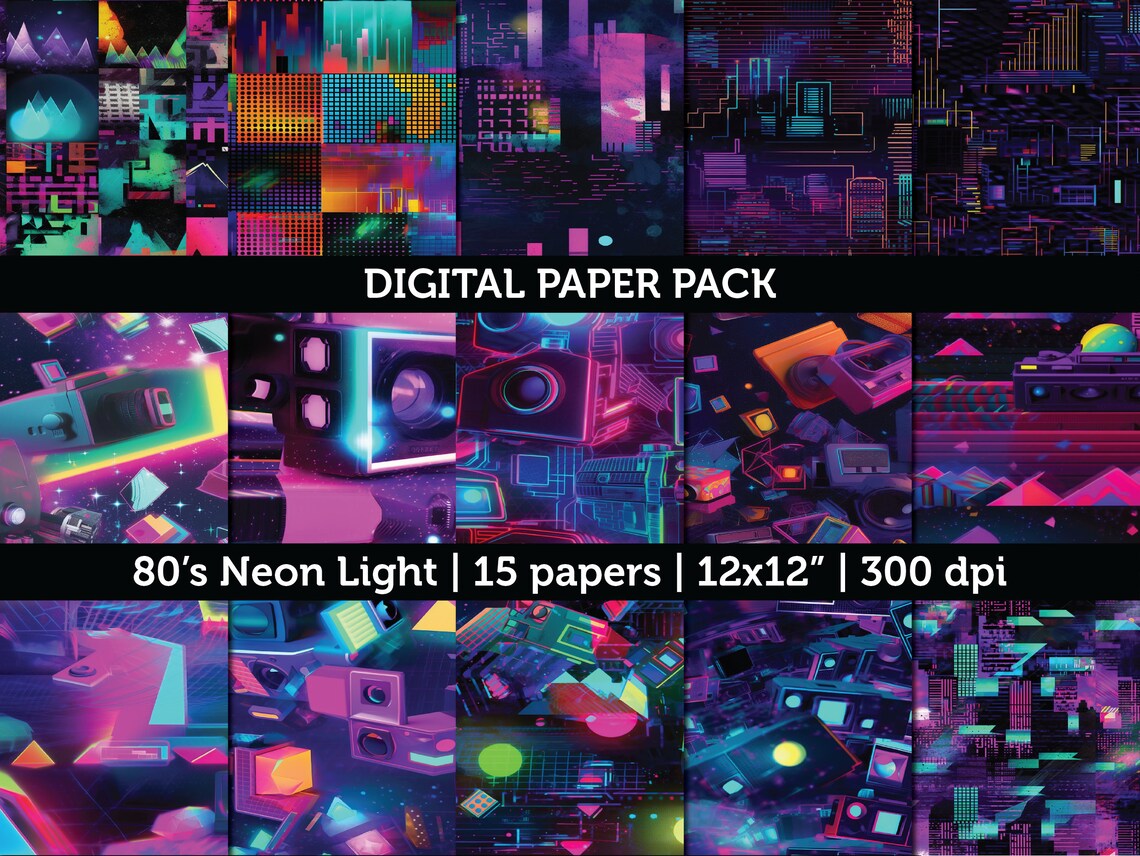 80's Retro Neon Digital Paper Scrapbooking High Quality JPG 300 Dpi ...