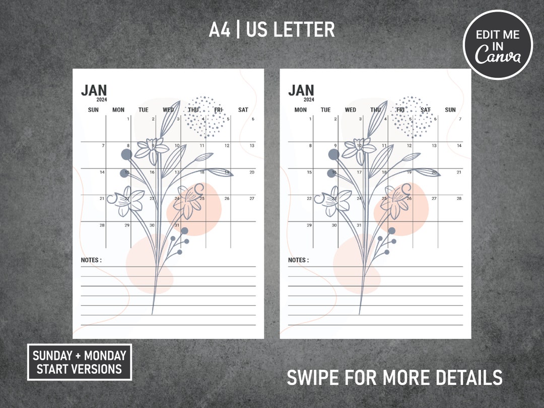 Flower Floral 2024 Botanical Calendar Printable PDF | A4 | US Letter ...