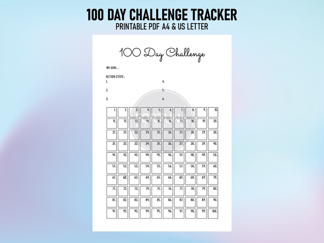 100 Day Challenge Tracker Printable PDF A4 US Letter - Etsy