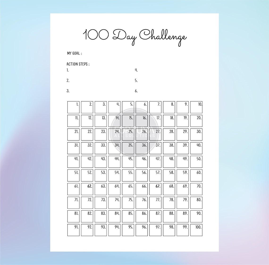 100 Day Challenge Tracker Printable PDF A4 US Letter | Etsy