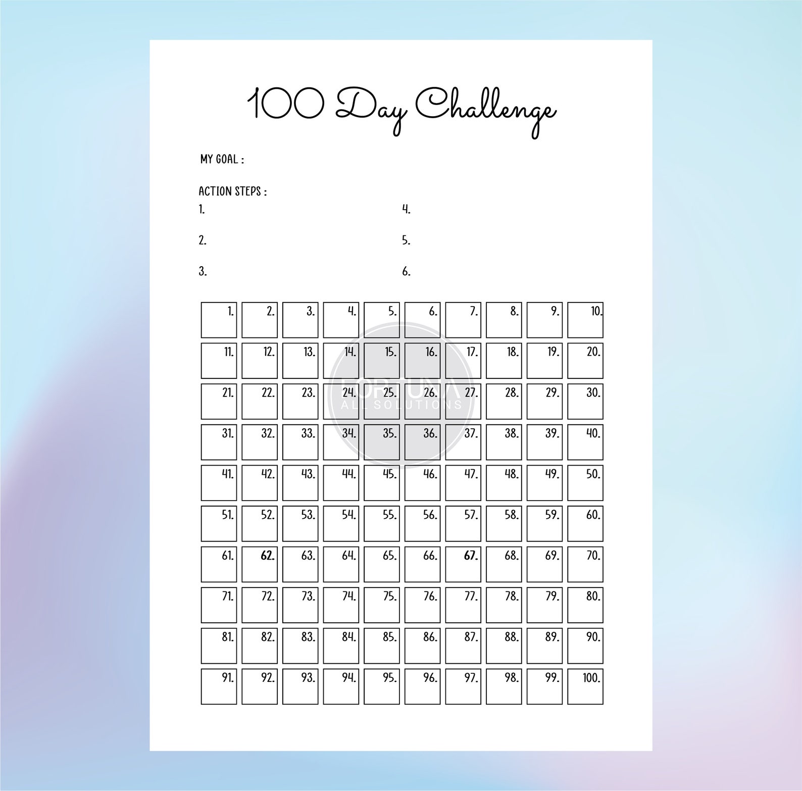 100 Day Challenge Tracker Printable PDF A4 US Letter | Etsy