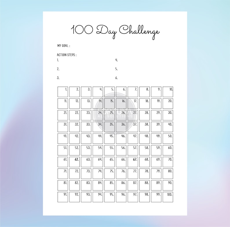 100 Day Challenge Tracker Printable PDF A4 US Letter - Etsy