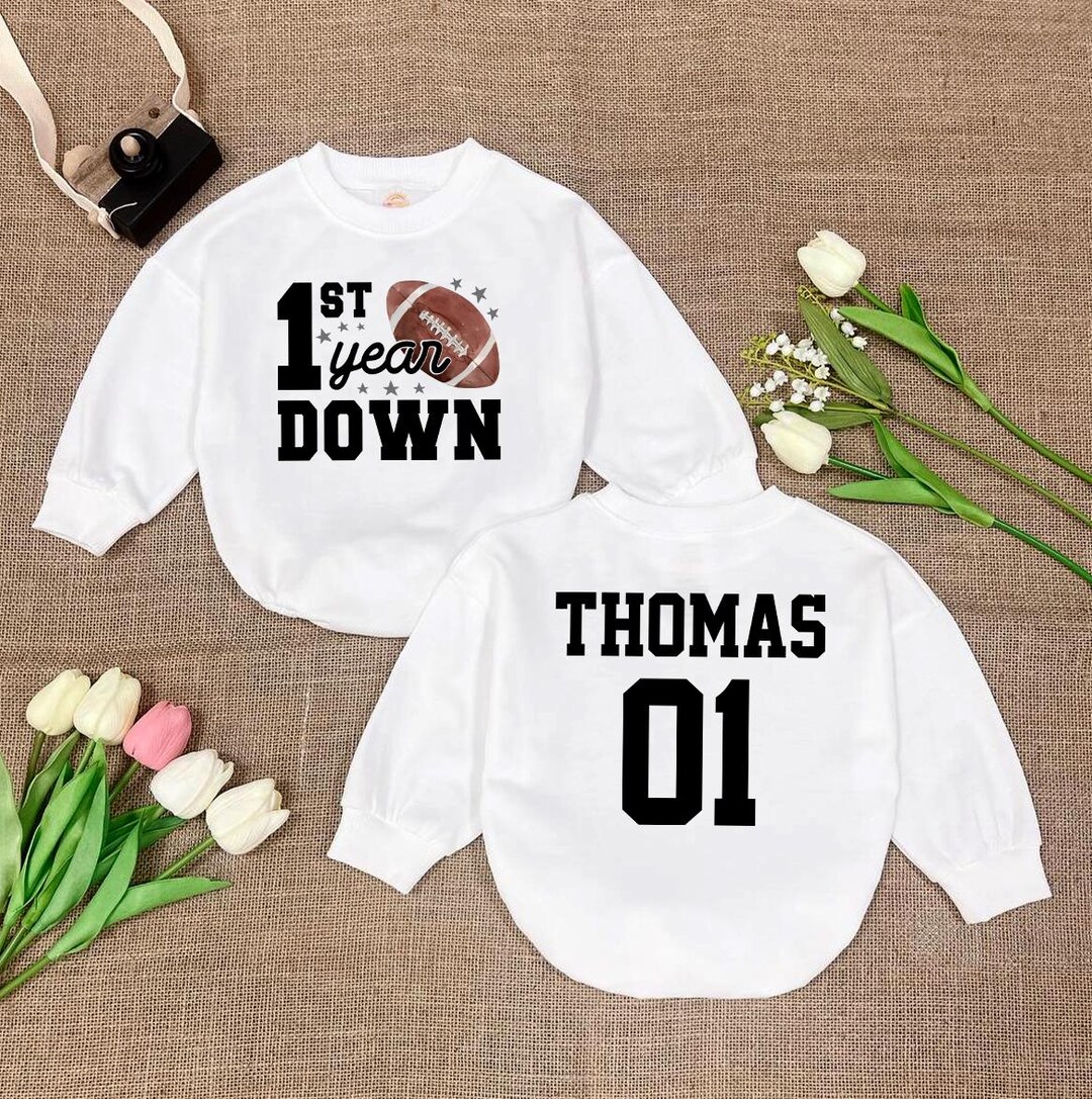 Personalized 1st Year Down Birthday Baby Romper, Football First Birthday Outfit, Newborn for ...