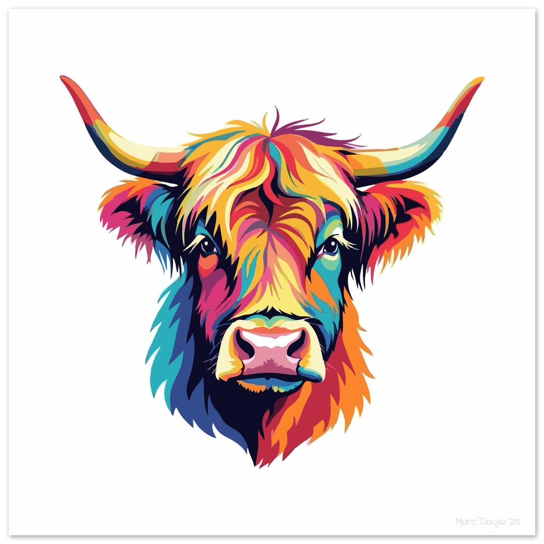 Majestic Highland Cow Art Print: Vivid Multicolored Palette - Etsy