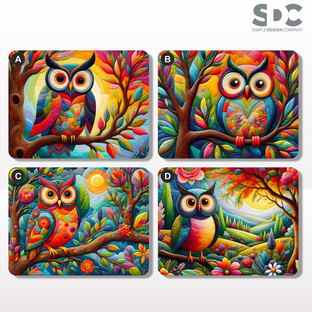 Colourful Embroidery Style Owl Placemats, 26cm X 20cm, Cork Backed ...