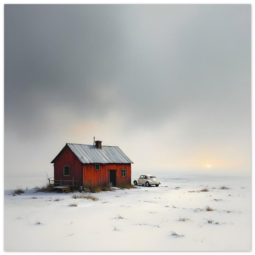 Snowy Cabin Poster - Red Cabin & VW Beetle Landscape Art - Cosy Winter ...