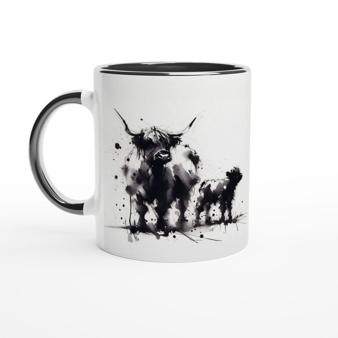 Highland Cow & Calf Coffee Mug: Vibrant Ink Sketch, 11oz Ceramic Cup - Etsy