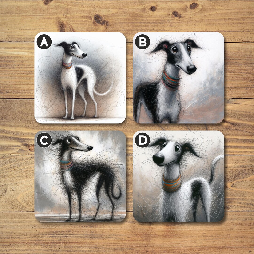 Black & White Greyhound / Lurcher Square Coasters, 9cm X 9cm, Cork ...