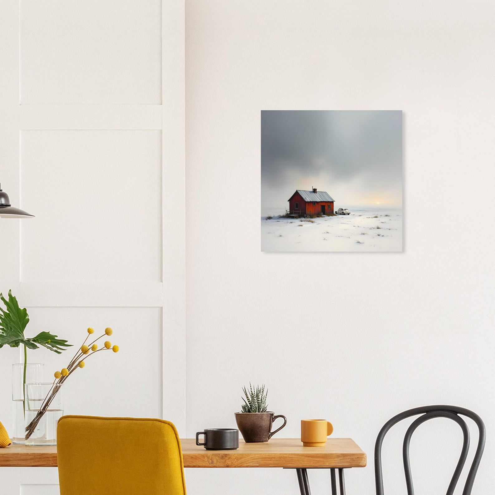 Snowy Cabin Poster - Red Cabin & VW Beetle Landscape Art - Cosy Winter ...