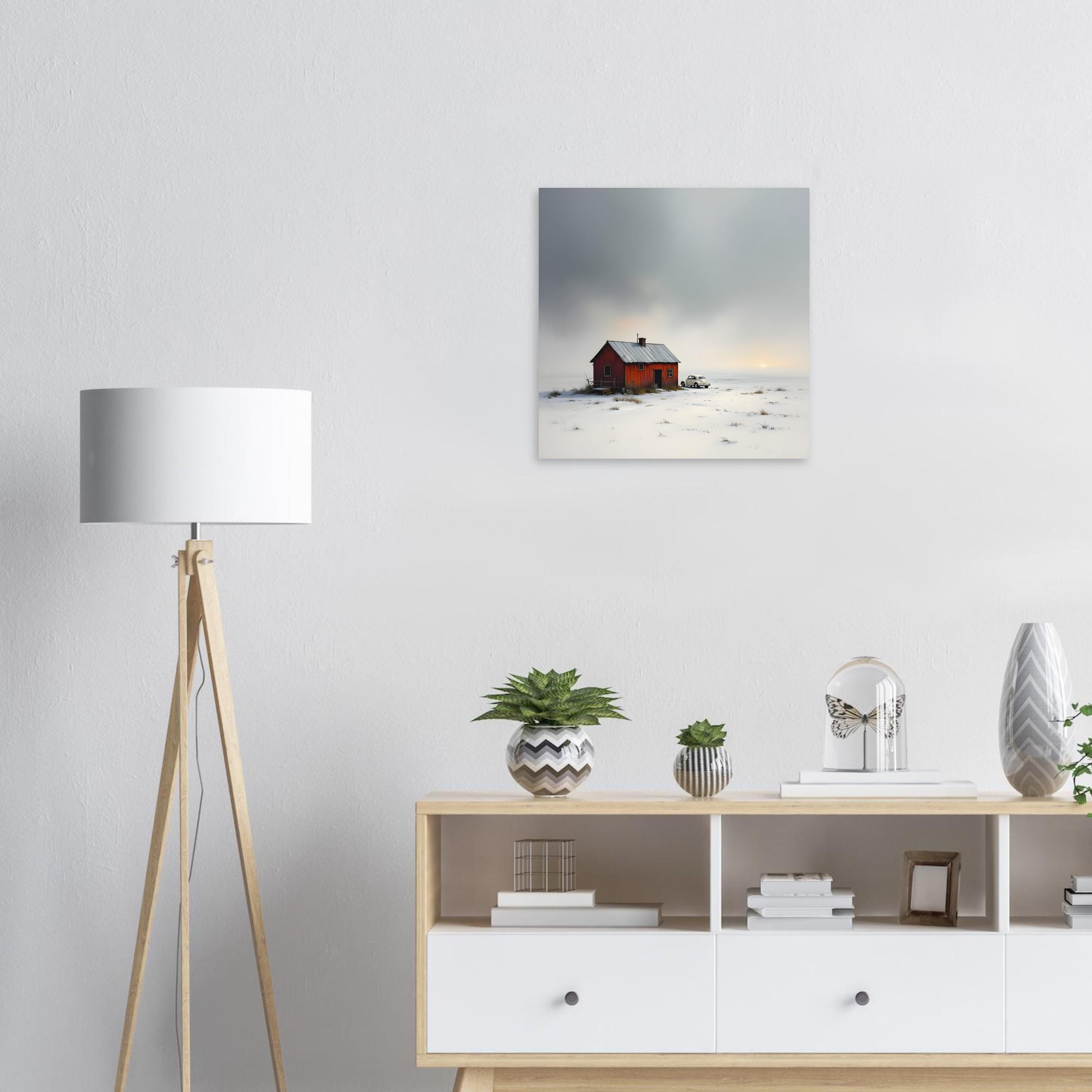 Snowy Cabin Poster - Red Cabin & VW Beetle Landscape Art - Cosy Winter ...