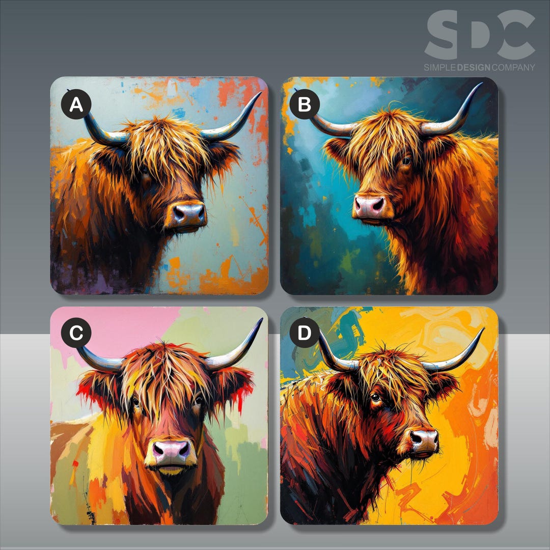 Highland Cow Coasters: Colourful Gloss Finish, Cork Backed - Etsy